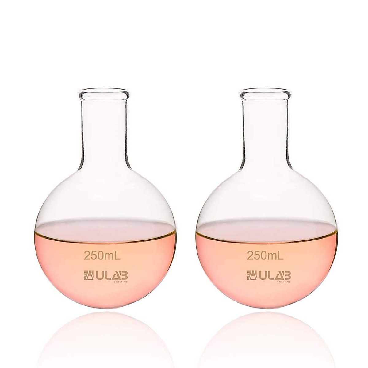 ULAB Boiling Flask of Round Bottom Set, 2pcs of Vol.250ml, Borosilicate 3.3 Glass Material, UBF1004