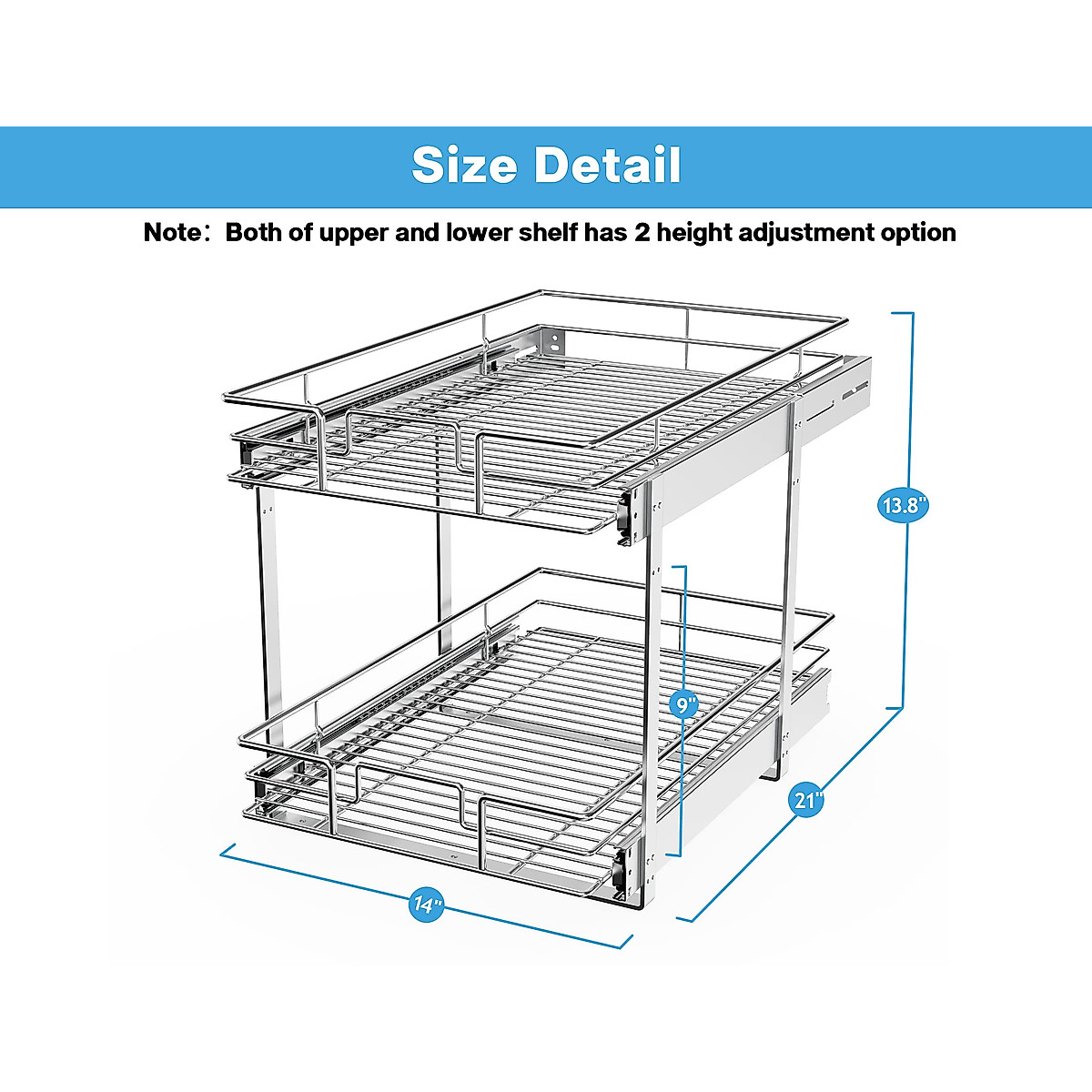 LOVMOR Slide Out Cabinet Drawers Pots and Pans Organizer and Storage, 14" W x 21" D, 2 Tier