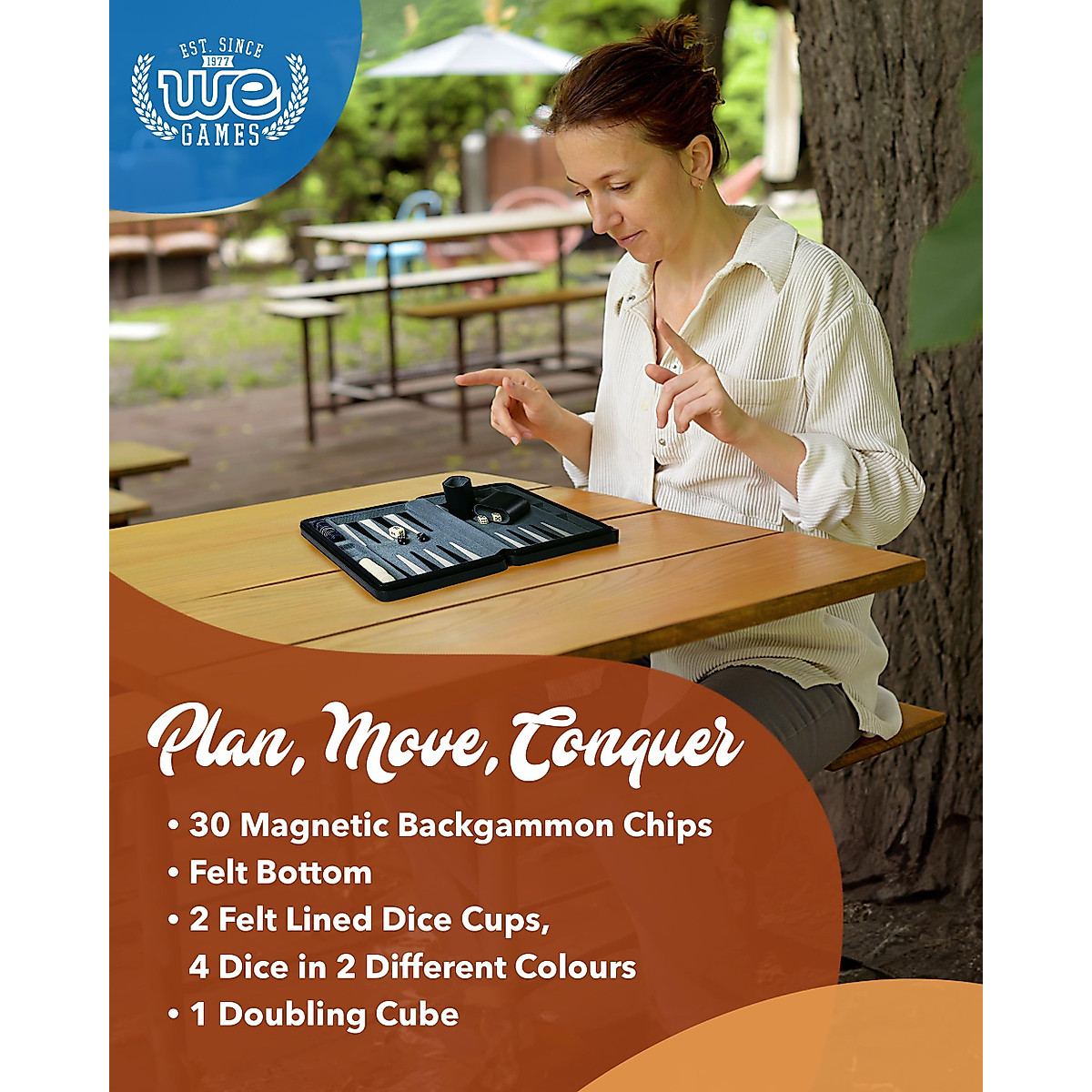 WE Games Backgammon Set, Board Games for Adults - Travel Games - Magnetic with Navy Blue Leatherette Backgammon Board and Carrying Strap - Travel Backgammon Sets for Adults