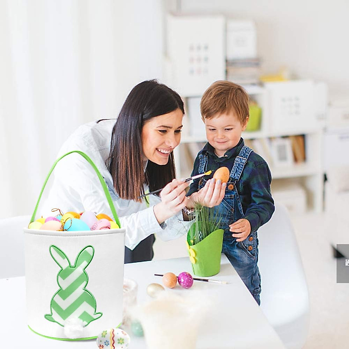 AOUTACC 3 Pack Easter Bunny Baskets, Easter Egg Hunt Bunny Bags Little Baskets with Fluffy Tail Canvas Cotton Rabbit Handbag Bucket Tote Bag for Kids Girls (Style 3,Pink + Green + Blue)