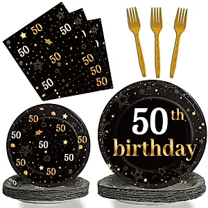 gisgfim 96 Pcs 50th Birthday Party Supplies Paper Plates Napkins Golden Happy Fifty Theme 50th Birthday Decorations Favors for Man and Women Serves 24