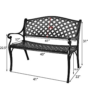 TITIMO 41” Outdoor Garden Bench with Armrests Sturdy Cast Aluminum Porch Loveseat Chair for All-Weather Patio Park Path Yard Lawn Work Entryway Decor Deck (Black)