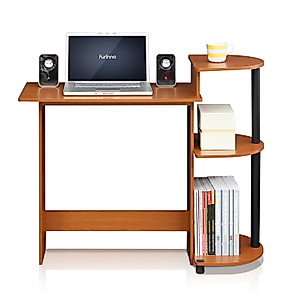 Furinno Compact Computer Desk with Shelves, Round Side, Light Cherry/Black