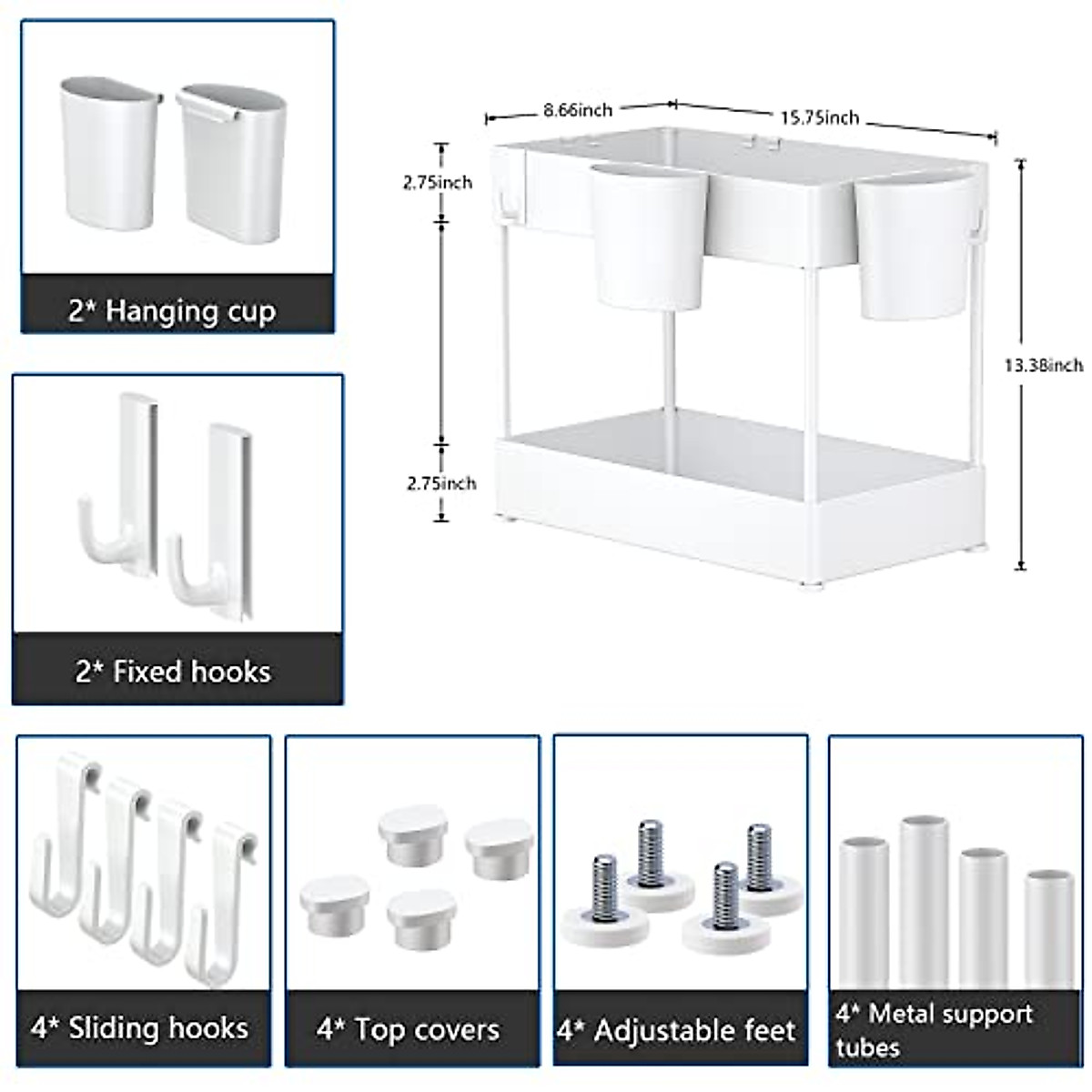 2 Pack Under Sink Organizers and Storage, 2-Tier Under Bathroom Kitchen Sink Organizer with 12 Hooks 4 Hanging Cups,Stable and Sturdy Under Cabinet Organizers for Bathroom Kitchen (White)