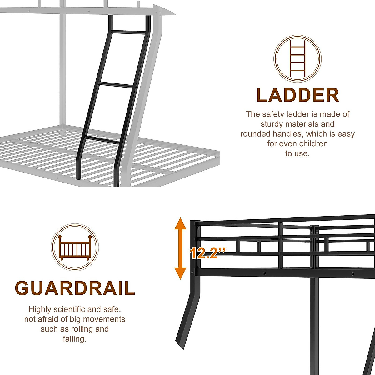 ROCKINGRUN Metal Bunk Bed Twin Over Full Size, Heavy Duty Twin Over Full Bunk Beds with Safety 12.2" Full Length Guardrail and Sturdy Ladder for Adults,Teens,Kids,No Box Spring Needed,Black