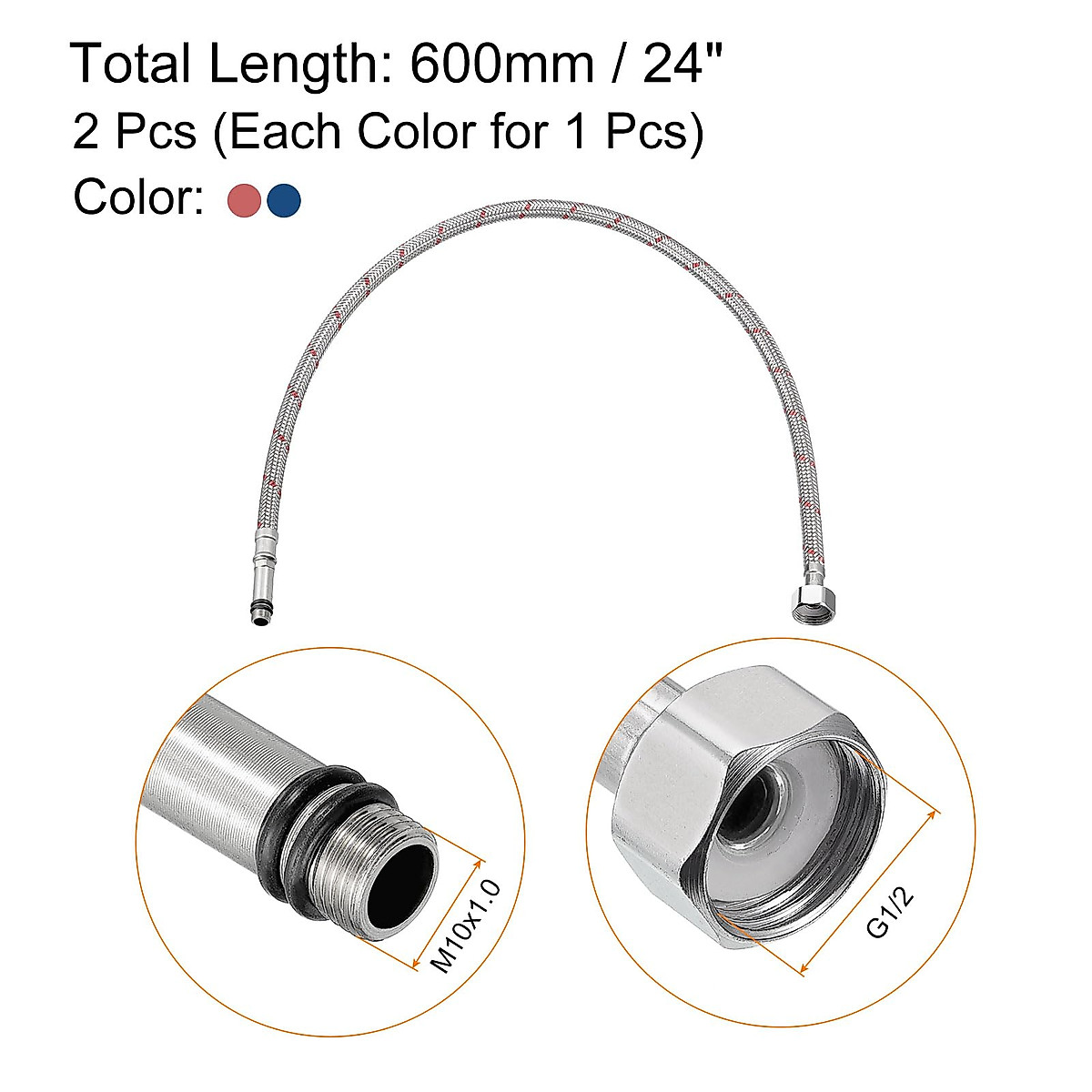 uxcell 24 Inch Long Faucet Supply Line Connector, 2pcs G1/2 Female Compression Thread x M10 Male Connector Braided 304 Stainless Steel Water Supply Hose