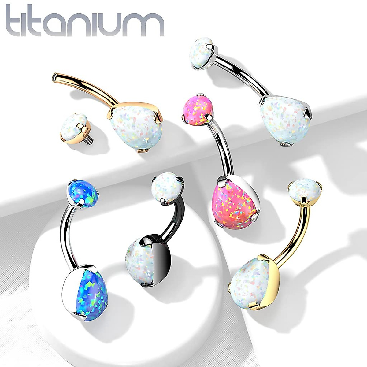 Dynamique Implant Grade Titanium Internally Threaded Top Prong Set Pear Opal Belly Button Rings (Sold Per Piecce)