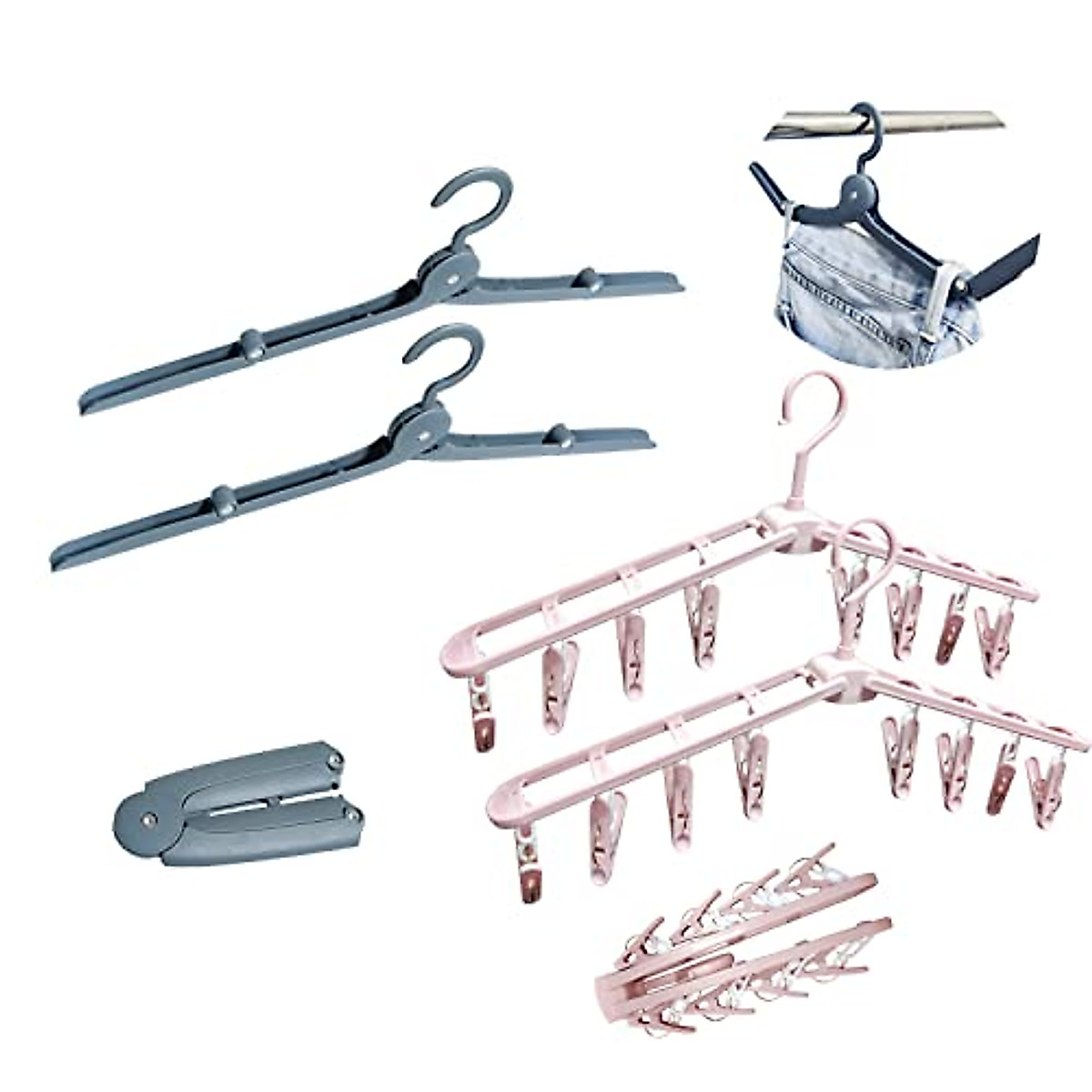 Fineget Collapsible Travel Shorts Skirt Shirt Socks Hangers with Clips Foldable Pants Clothes Plastic Suit Hangers Non Slip Closet Blue Organizer Retail Displays (Grey 2 Pcs, Pink 2 Pcs)