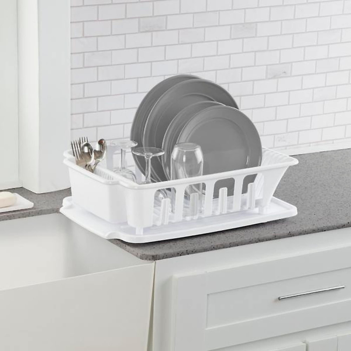 JOEY'Z Extra Large Heavy Duty Sturdy Hard Plastic Sink Set with Dish Rack with Attached Drainboard Cup Holders for Home Kitchen Counter Top Organizer - White (18 3/4" L x 13 3/4" W x 5 1/2")