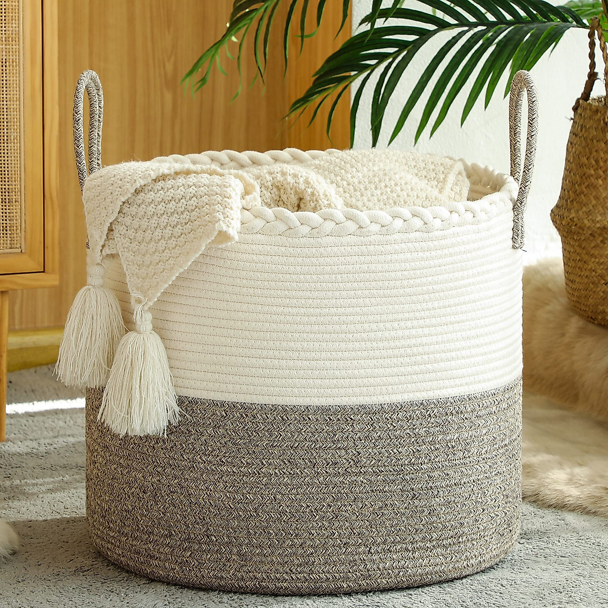 KAKAMAY Large Cotton Rope Blanket Basket (20"x13"),Woven Baby Laundry Hamper，Blanket Basket for Nursery, Laundry, Living Room, Pillows, Toys with Handles （White/Beige）
