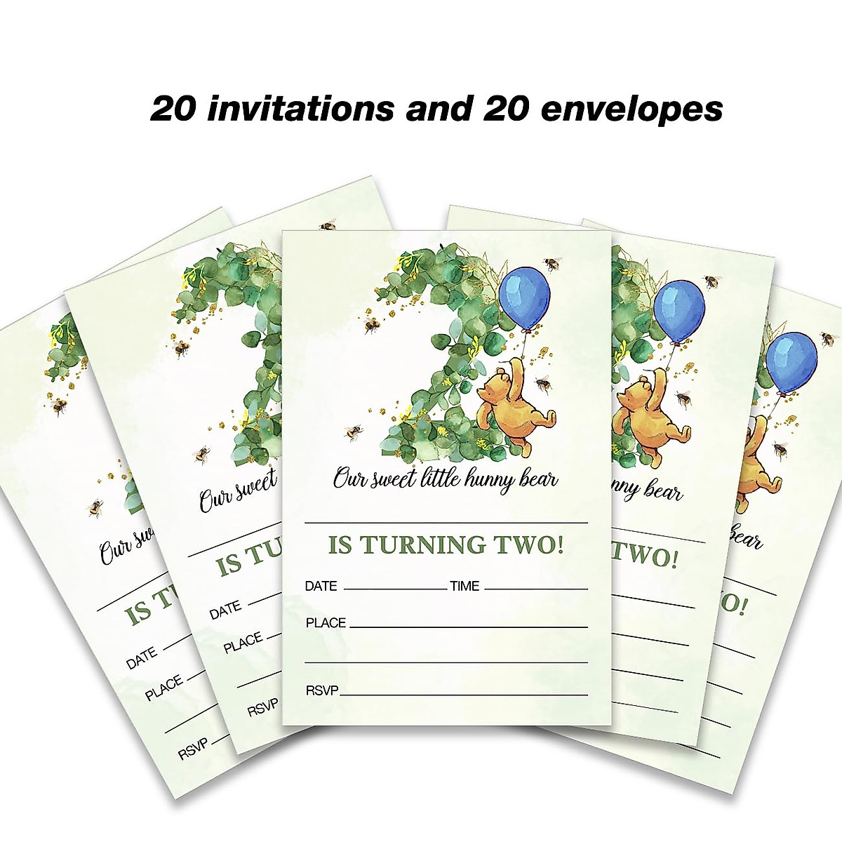 Dolimifa Winnie the Pooh 2nd Birthday Invitations Fill in Style Greenery Winnie the Pooh Blue Balloon Little Hunny Bear Winnie Second Birthday Invites for 2 Year Old, 20 Count With Envelopes