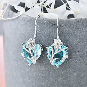 TOUPOP March Birth Flower Earrings 925 Sterling Silver Daffodils Floral Dangle Drop Hooks Earrings with Heart Aquamarine Birthstone Birthday Birth Moth Flower Jewelry Gifts for Women