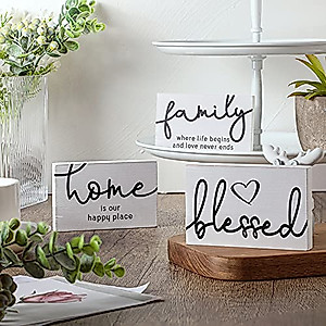 3 Pieces Family Home Blessed Rustic Wood Sign Mini Wood Decorative Signs Farmhouse Woodworks Decors Table Decorations Signs for Bedroom Kitchen Living Room Table Decorations