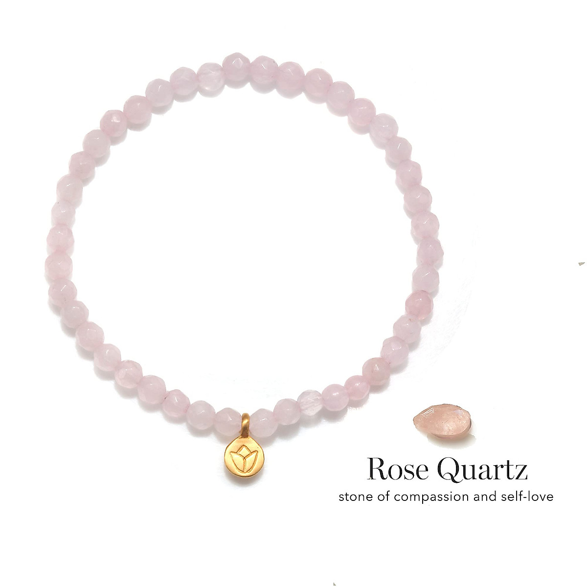 Satya Jewelry 4mm Rose Quartz and 18K Yellow Gold Plated Mini Lotus Stretch Women's Bracelet, 7"