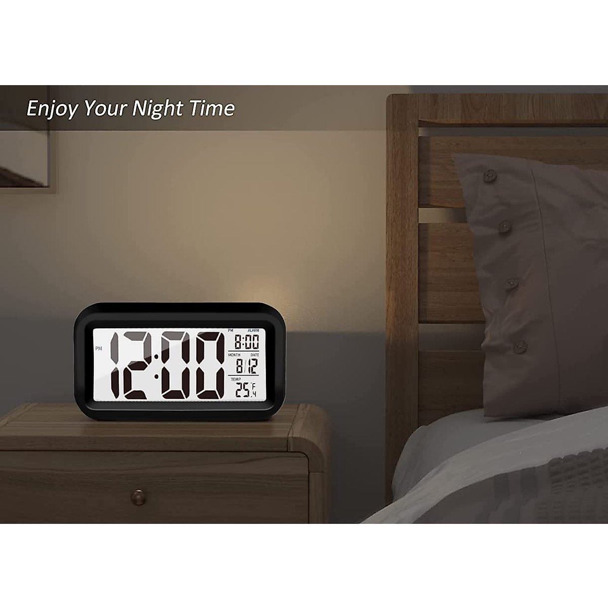 KAIJIELY Upgraded Digital Alarm Clock, 4.3" LED Display with Temperature Larger Lound Light Control Portable Snooze Calendar Brightness with Battery Powered Alarm Clocks Bedside for Everyone (Black)