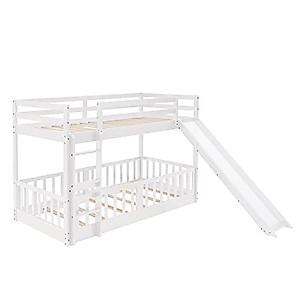 FIQHOME Twin Over Twin Bunk Bed with Slide and Ladder,Floor Bunk Bed for Kids Toddlers, Wood Low Bunk Beds Frame with Ladder and Fence for Boys Girls Teens,White