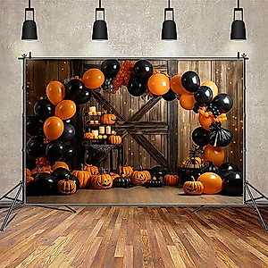 MOONDECO Photography Backdrop 7x5ft Halloween Arch Balloon Jack O Lantern Wood Party Background Kids Candle Light Fire Fly Photo Booth Decorations
