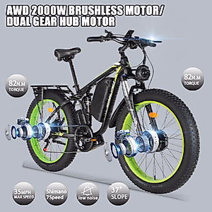 Lanshanchu (US in Stock V3 Plus Electric Bicycle 2000W Dual Motor Ebike 48V 22.4Ah Mountain Snow E Bike 35MPH Electric Bicycle 26" Fat Tire 7 Speed MTB for Trail Riding Excursion Commute