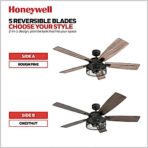 Honeywell Ceiling Fans Carnegie, 52 Inch Industrial Style Indoor LED Ceiling Fan with Light, Remote Control, Dual Mounting Options, 5 Dual Finish Blades, Reversible Airflow - 50614-01 (Matte Black)
