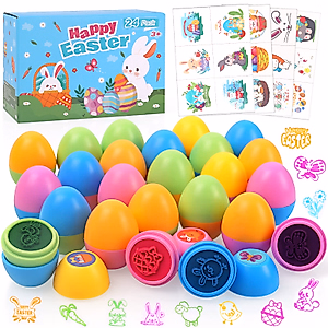 Easter Eggs Kids Easter Basket Stuffers - 24Pack Self Inking Stamps with Easter Tattoos for Kids, Plastic Easter Eggs Toys And Treats for Kids, Easter Stuff for Easter Decorations, Gifts, Party Favors