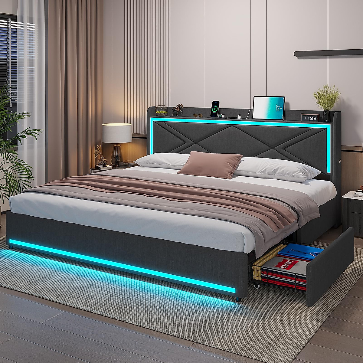 HAUOMS King Size LED Bed Frame with Storage Headboard and Charging Station, Upholstered King Platform Bed Frame with 4 Drawers, Upgraded 2-Row Support Bars, Noise Free, Dark Grey