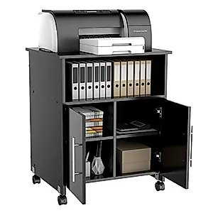 Yaheetech Mobile Printer Stand with Storage and Adjustable Shelf for Home Office Rolling Printer Stand for Desk, Wood Storage Cabinet Work Cart Cupboard Shelf on Wheels, Black