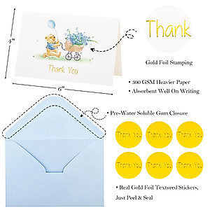 Crisky Baby Shower Blue Gold Foil Thank You Cards with Envelopes 50 Pack Greeting Notes Bulk (Cute Bear with Baby Carriage)