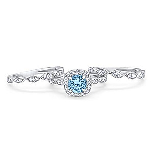 Blue Apple Co. Halo Art Deco Three Piece Wedding Engagement Bridal Set Ring Band Solid Simulated Aquamarine CZ 925 Sterling Silver, Size-12