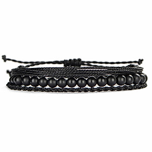 QOGIR Handmade Healing Bracelets, 6mm Matte Black Onyx Bracelet Black Beaded Bracelets for Men Women with 2PCS Size Adjustable Rope Bracelets
