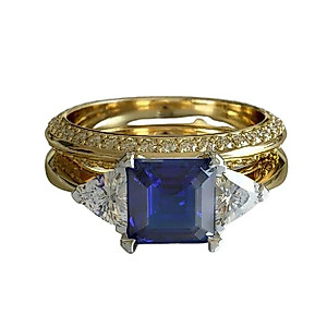 BeBold 3ct Asscher Cut Created Blue Sapphire Engagement Ring for Women Bridal Set Yellow Gold Plated