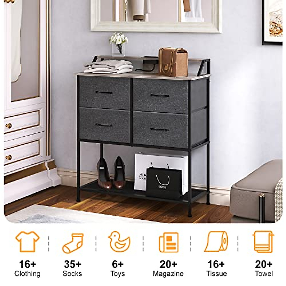 Dresser for Bedroom - Fabric Dresser TV Stand with Charging station, Drawer Dresser Organizer with Wood Top Sturdy Steel Frame, Extra Deep Drawer Storage Tower for Closet Living Room Entryway