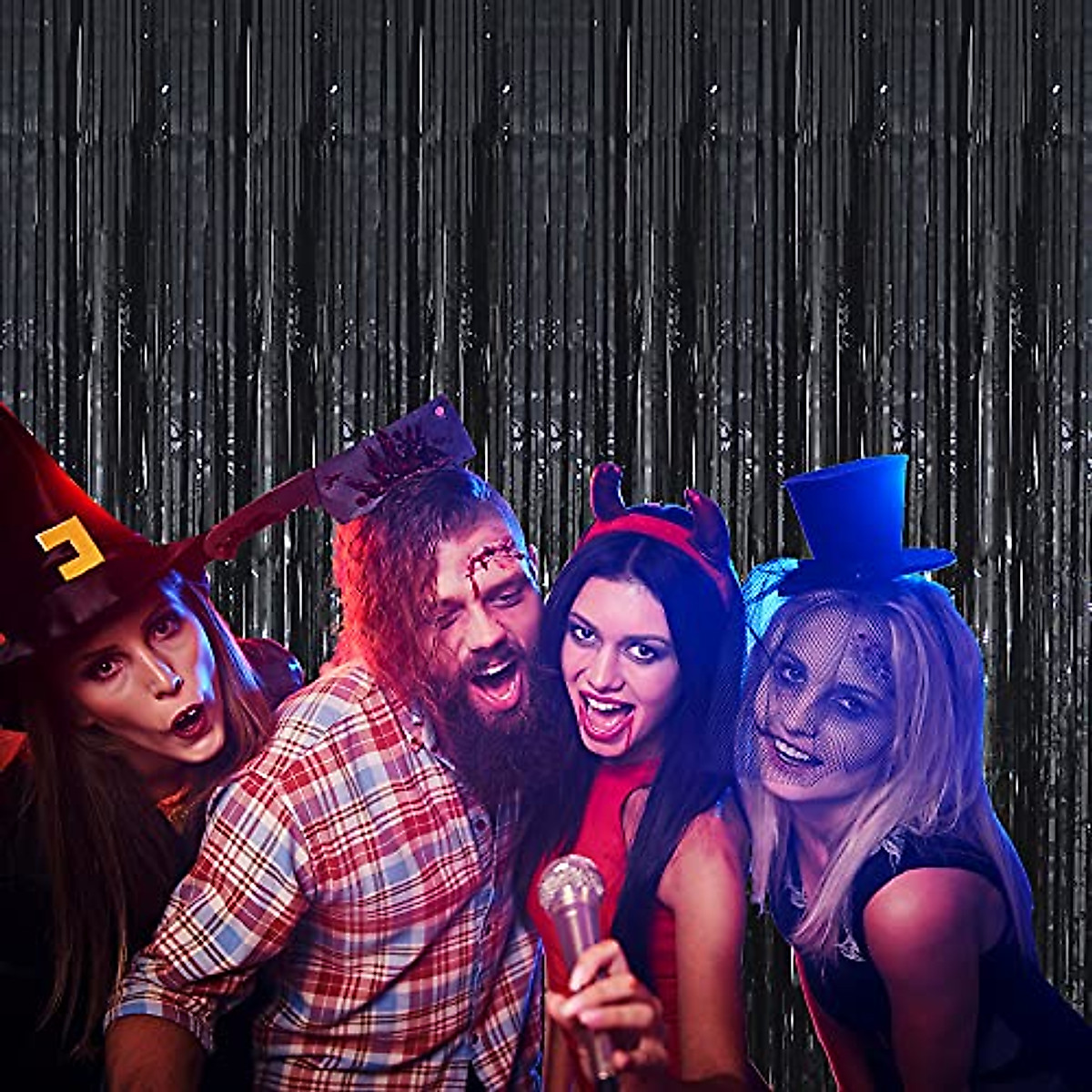 GOER 3.2 ft x 9.8 ft Metallic Tinsel Foil Fringe Curtains Party Photo Backdrop Party Streamers for Halloween,Birthday,Graduation,New Year Eve Decorations Wedding Decor (4 Packs,Black)