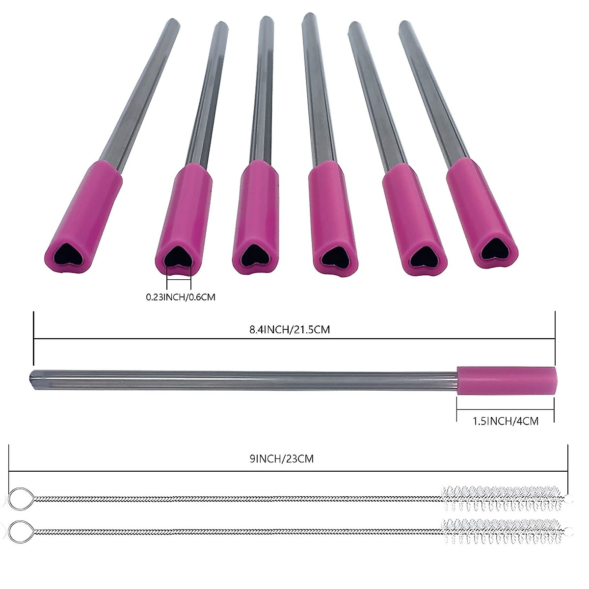 Amsthow Cute Metal Straws 6Pcs Heart Shaped Straws Reusable Stainless Steel Straw with Silicone Tip and Cleaning Brushes for Shakes, Drinking (Silver)
