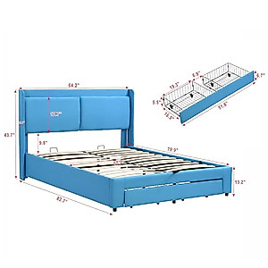 BOVZA Queen Size Lift up Storage Upholstered Platform Bed with 2 Drawers, Modern Wingback Headboard, Hydraulic Storage Bed Frame, Linen Blue