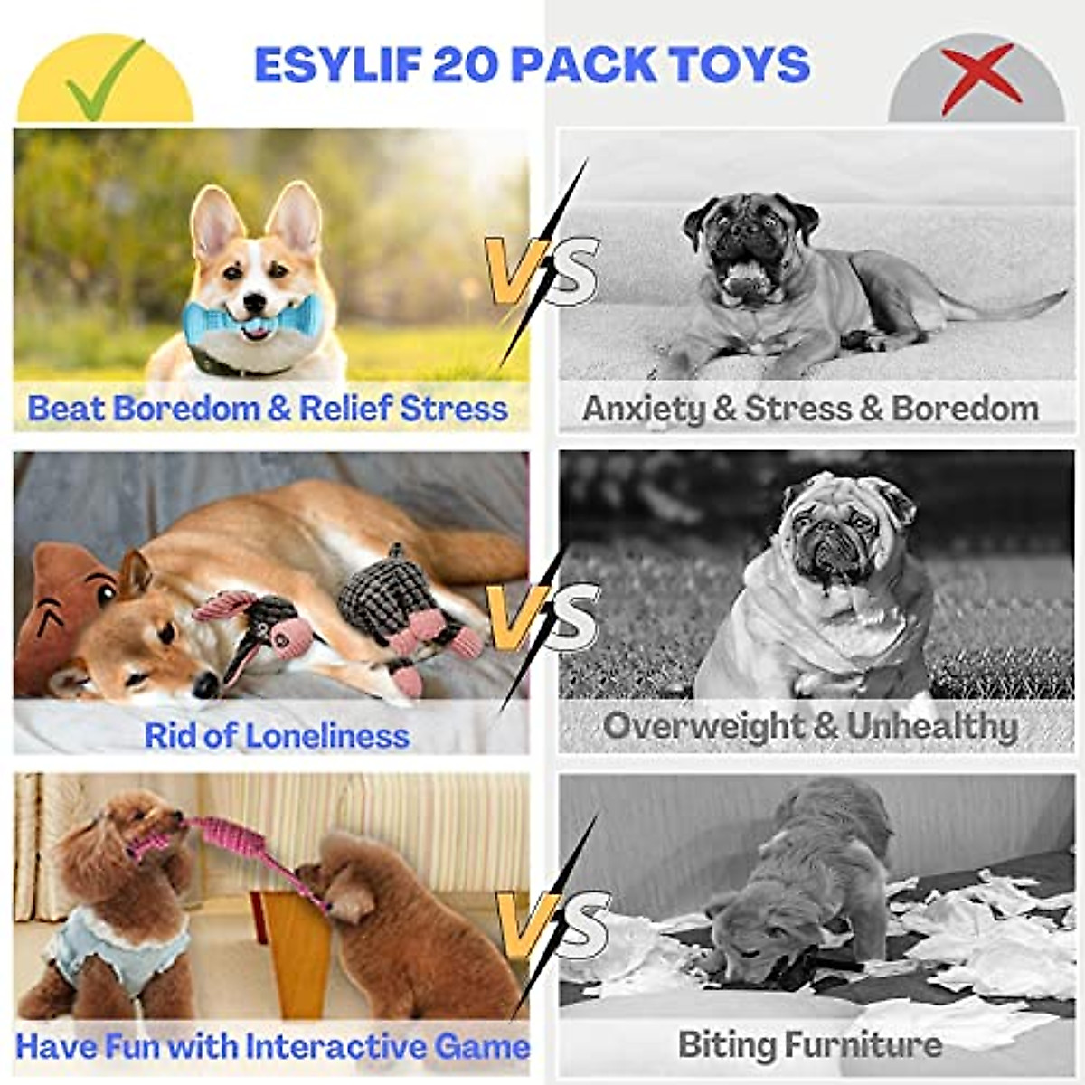 ESYLIF Dog Chew Toys for Teething,Boredom,Toothbrush,20 Pack Puppy Toys with Rope Toys, Treat Balls and Squeaky Toys for Small Medium Dogs