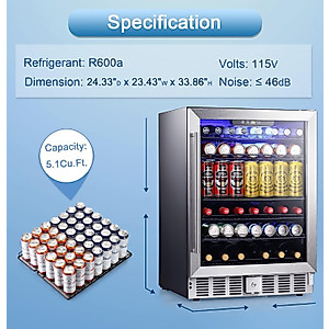 Antarctic Star 24 Inch Beverage Refrigerator Cooler - 5.1 Cu.Ft Wine Cooler with Adjustable Shelf, Low Noise, Transparent Glass Door with Safty Lock, Stainless Steel Handle, for Kitchen/Office/Bar.