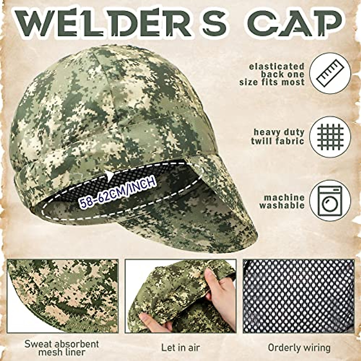Mepase 4 Pcs Welding Caps Welding Beanie Hats Bulk for Men Women Welder's Cap Welding Helmet Liners Welding Accessories Tool(Many Colors, Summer Camo)