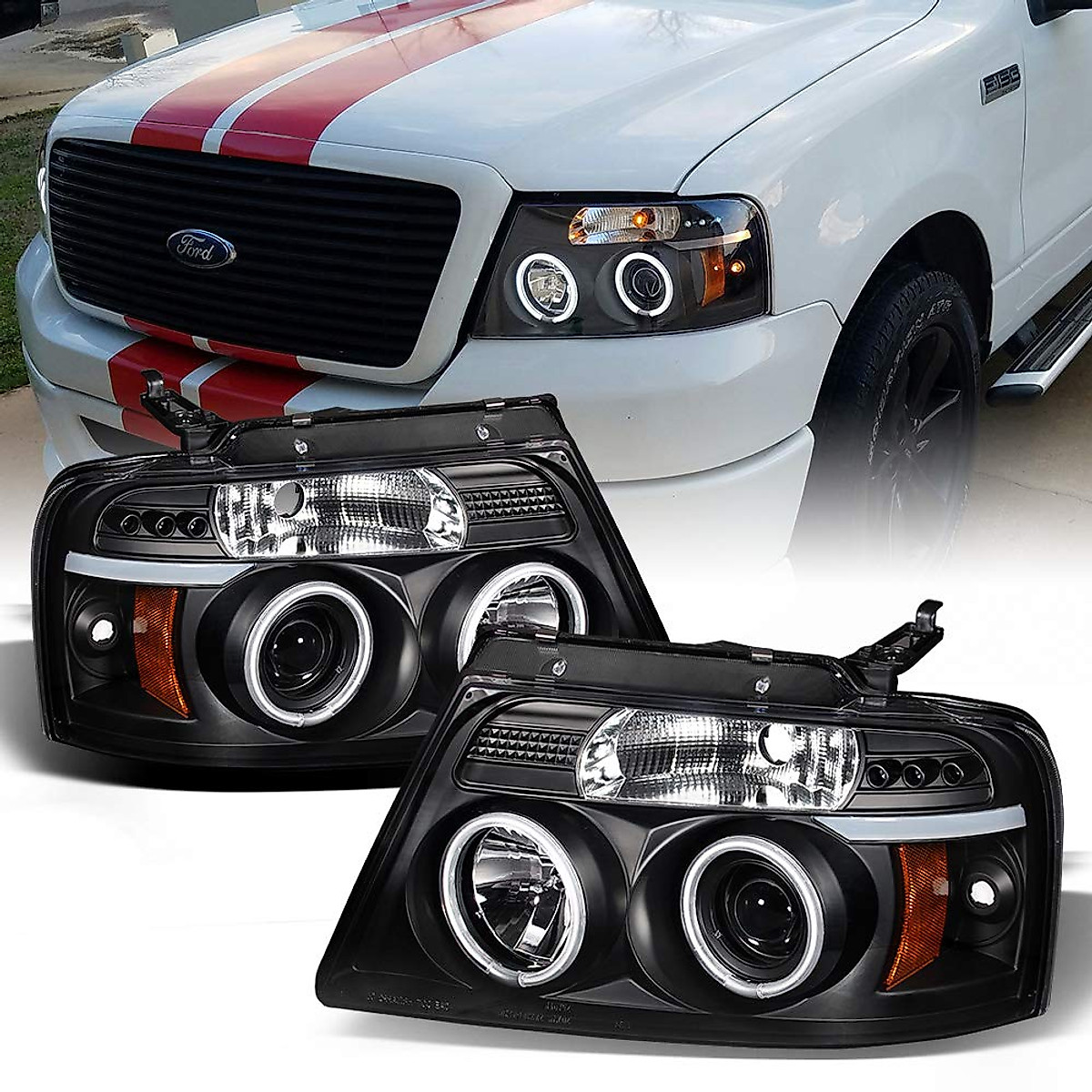 ACANII - For 2004-2008 Ford F150 LED Halo Ring Black Housing Projector Headlights Headlamps, Driver& Passenger Side