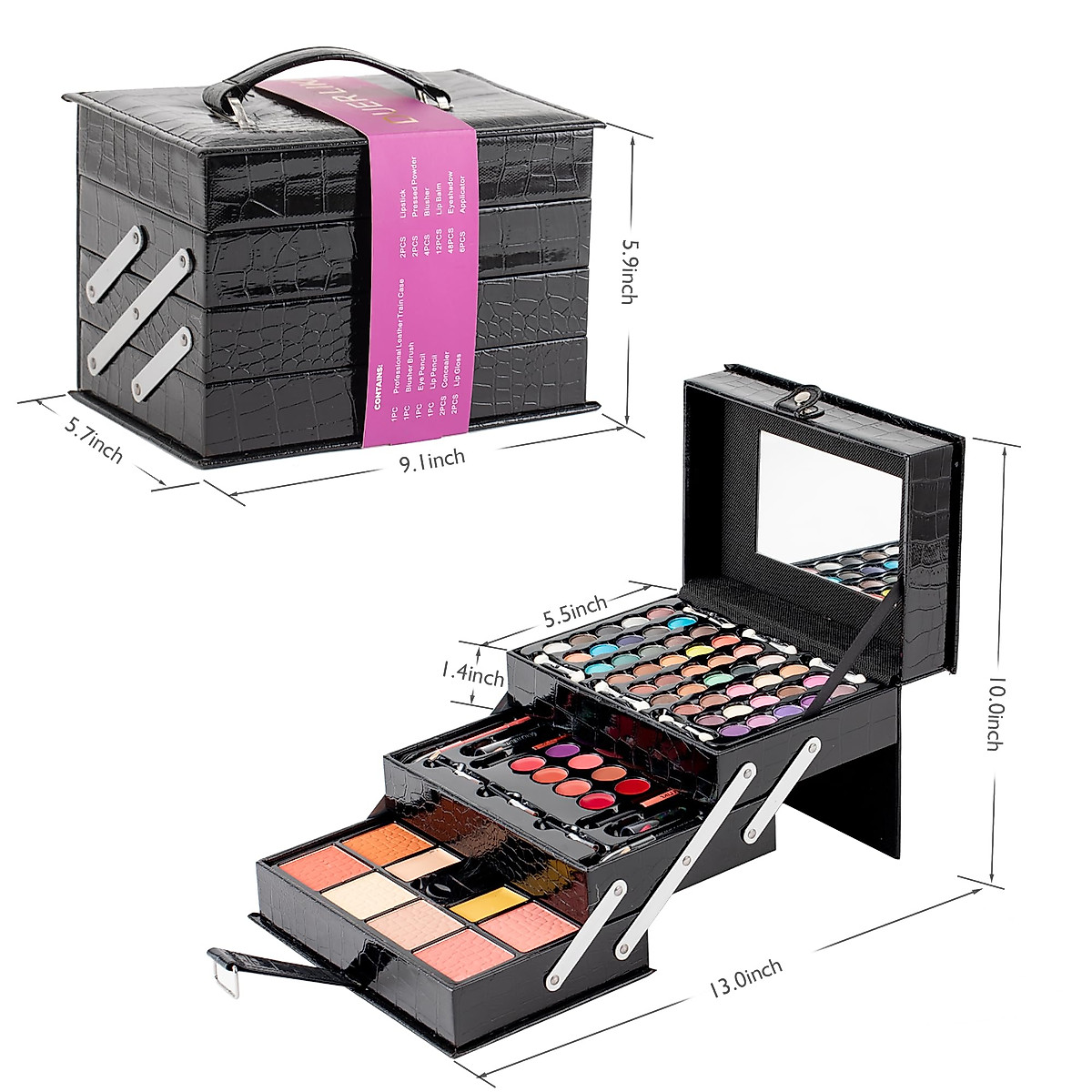 Maùve Professional Leather Train Case with Mirror Makeup Kit (Eyeshadow, Blushes, Powder, Lipstick & More) Holiday Exclusive MU12 (BLACK)