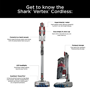 Shark WZ440H Vertex Ultra Lightweight Cordless Stick Vacuum with DuoClean PowerFins, Crevice Tool, Removable Handheld, MultiFLEX, 50 min Runtime, Silver/Red (Renewed)