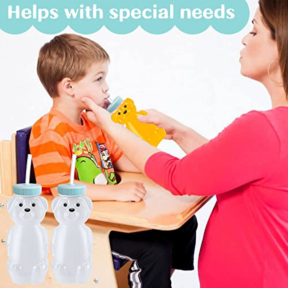 4 PCS Honey Bear Straw Cup, Baby Straw Cups with 8 Flexible Straws and 1 Straw Brushes, 8oz Special Supplies Juice Bear Bottle for Infant Feeding, Drinking Needs of Those with Poor Oral Health (Blue)