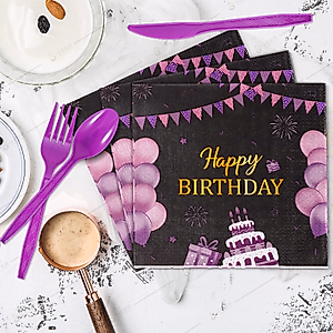 168 Pcs Purple and Black Birthday Party Supplies Tableware Set Party Plates, Knife,Forks,Spoons, Cups and Napkins Table Decorations for Women Girls Birthday Party Decorations, 24 Guests