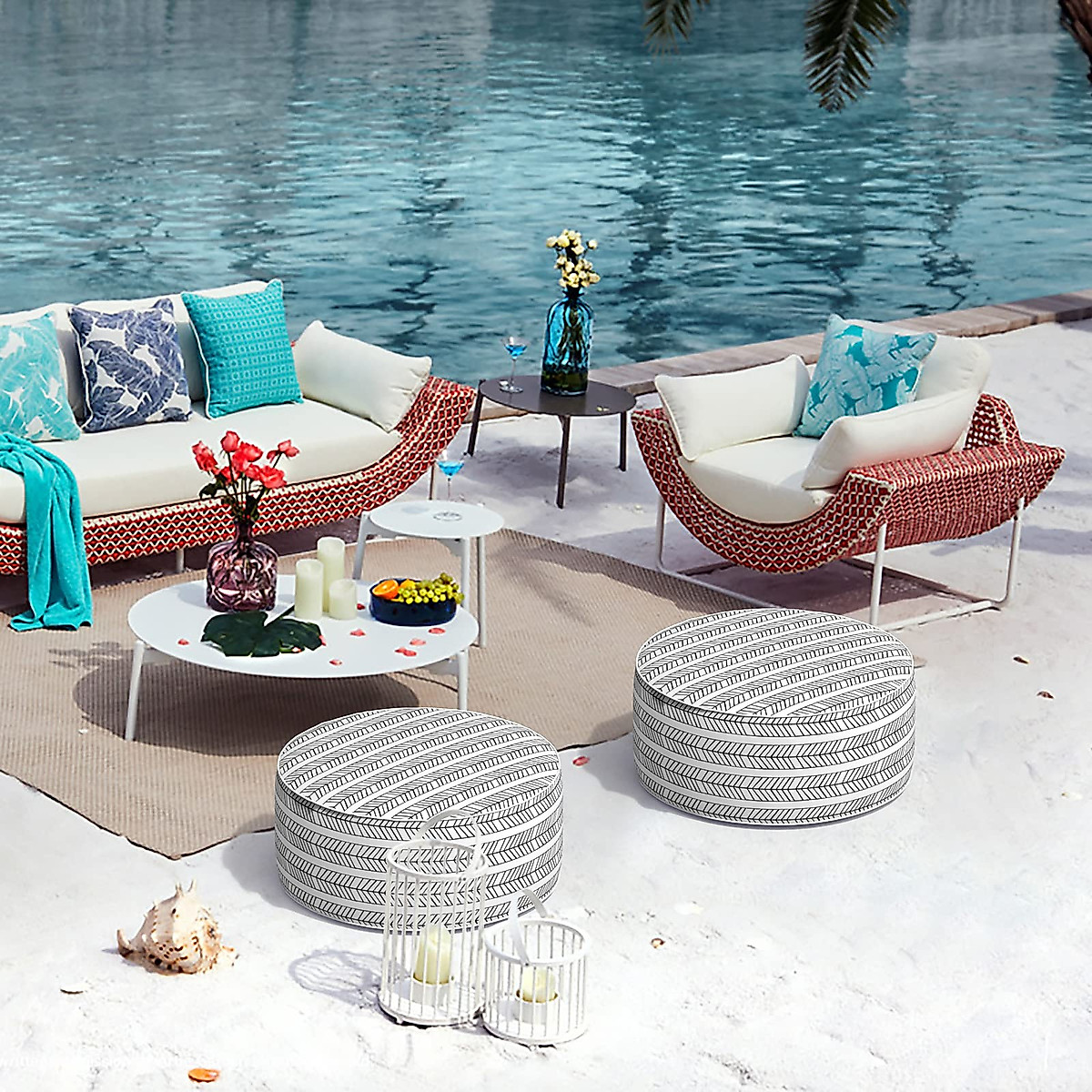 TWLEAR Indoor/Outdoor Inflatable Ottoman D21 x H9 inch, Round Footstool Inflatable Foot Rest Ottoman with Handle, Portable Ottoman Pouf for Patio, Garden, Camping, Home, Herringbone Black White