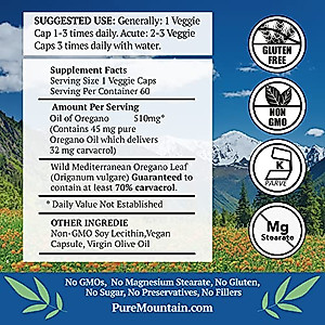 Pure Mountain Botanicals Wild Oregano Oil Capsules - 60 Vegan Caps – Now with 510mg Mediterranean Oil of Oregano
