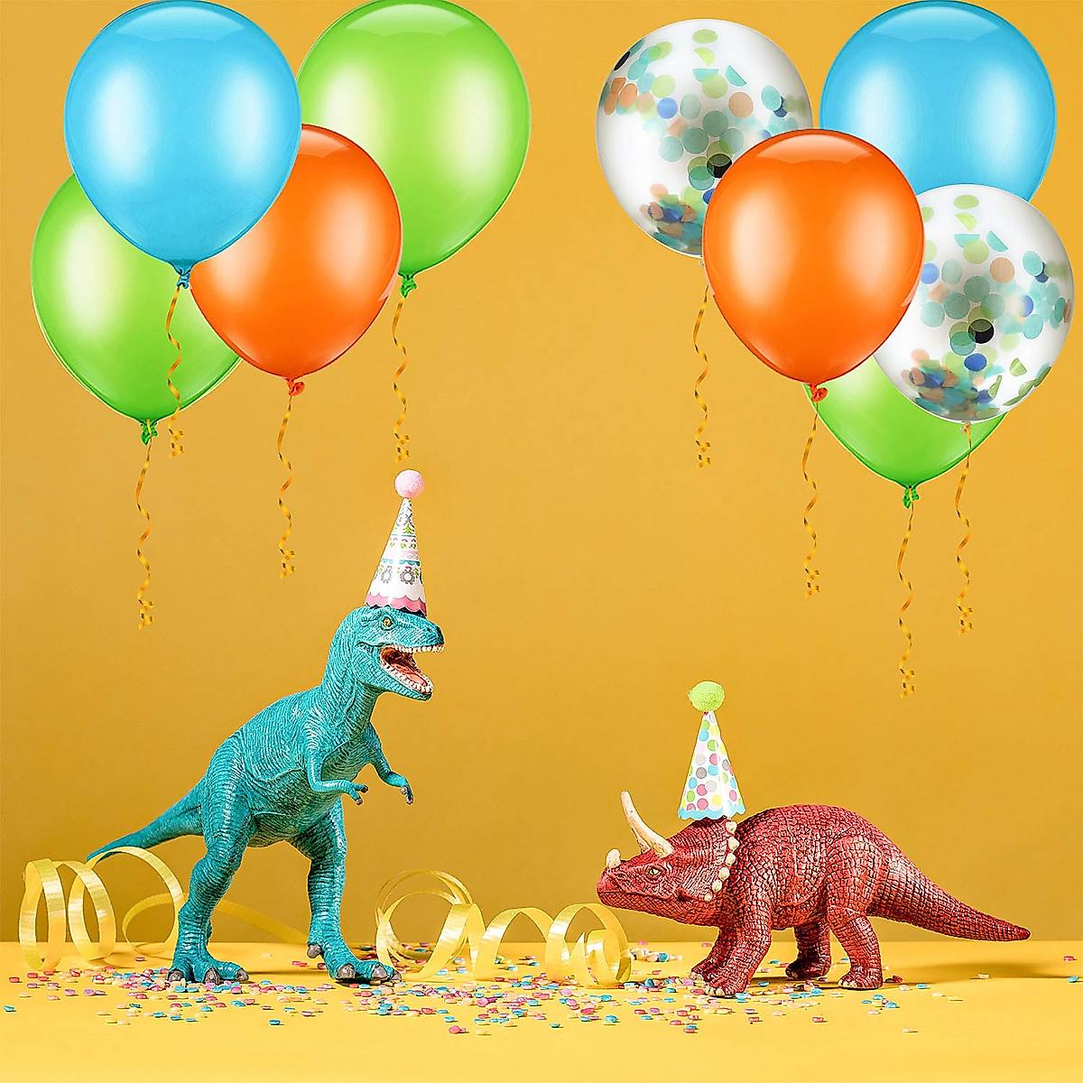 60 Pieces 12 Inch Orange Light Blue Fruit Green Latex Balloons with Confetti Balloon?Dinosaur Balloons and Ribbon for Jungle Jurassic Birthday Party Decorations Supplies