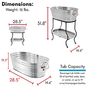 BIRDROCK HOME Stainless Steel Beverage Tub with Stand - Bottom Tray - Ice Bucket - Party Drink Holder - Wooden Handles - Outdoor or Indoor Use - Free Standing