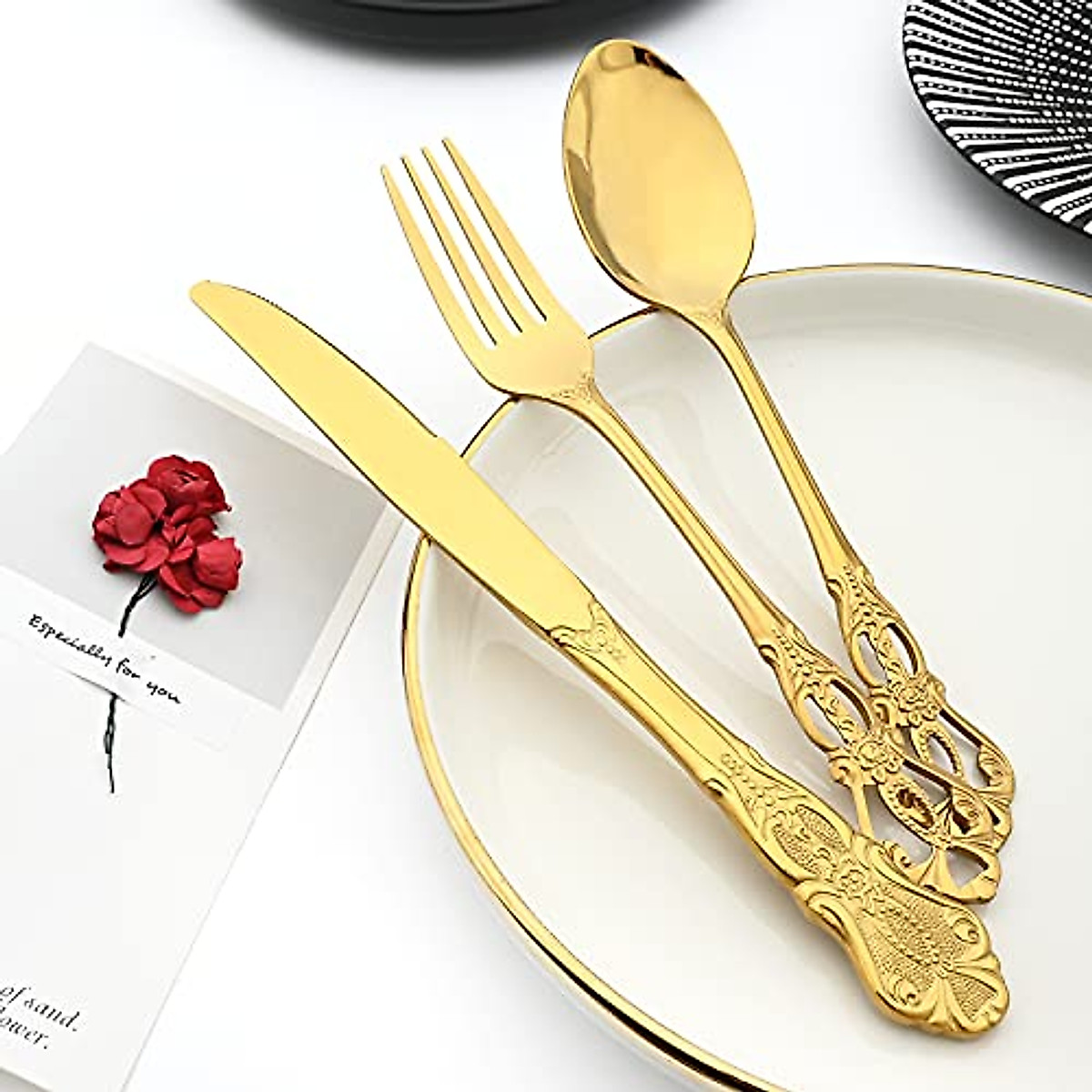 Snplowum Royal 24-piece Gold Mirror Silverware Dinnerware, 18/10 Stainless Steel Luxury Flatware Service For 6 Tableware Ideal For Wedding Home Restaurant, Dishwasher Safe