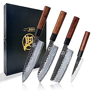 MITSUMOTO SAKARI Japanese Chef's Knife Set 4 Pcs, Professional Hand Forged Kitchen Chef Knife Set, High Carbon Ultra Sharp Cooking Chefs Knife Set (Rosewood Handle & Sandalwood Box)