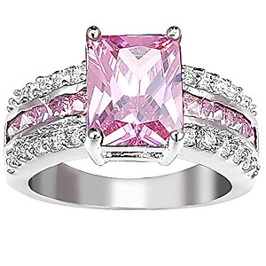 XAHH Womens Platinum Plated Pink Solitaire CZ Crystal Square Cut Ring Engagement Wedding Band 8
