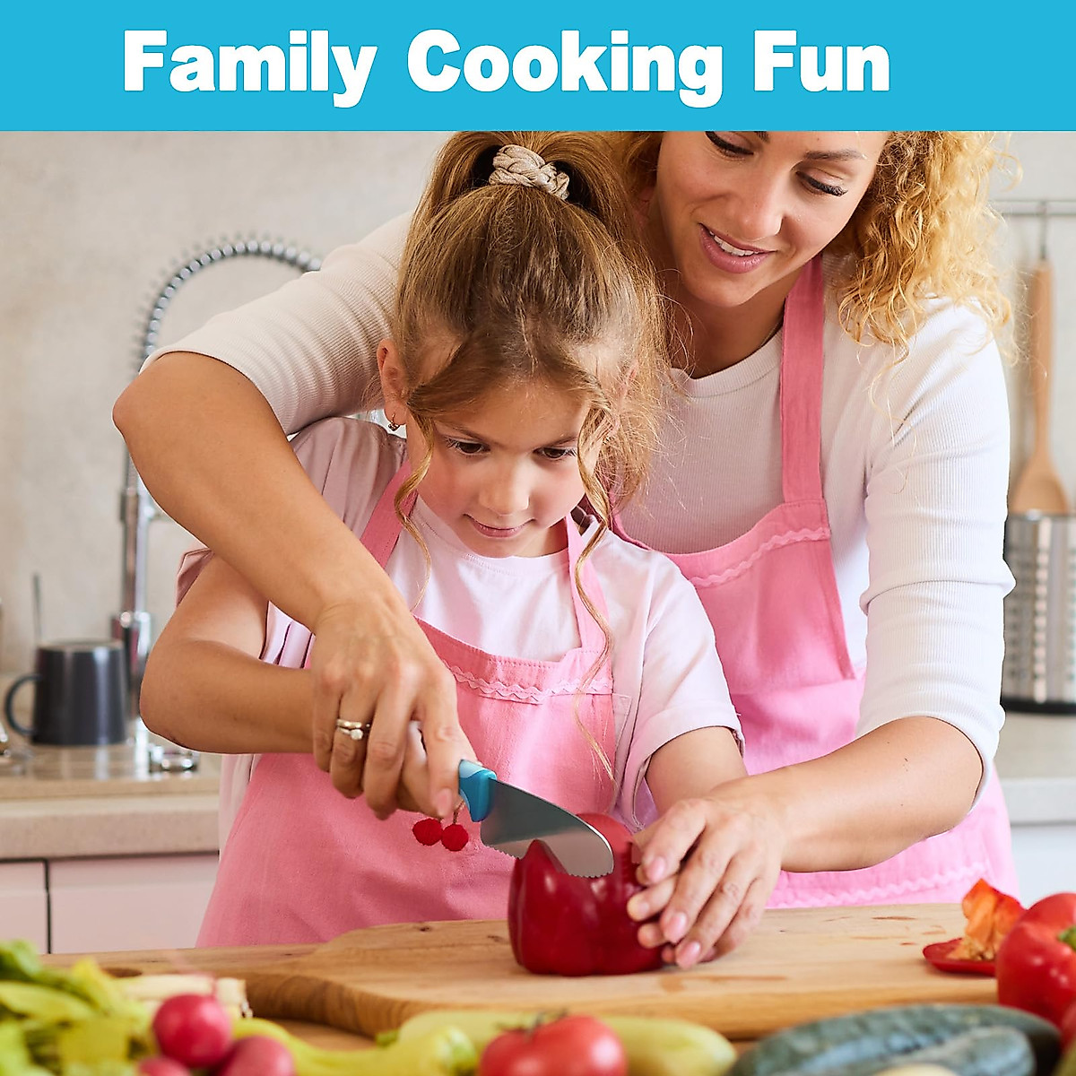 Kids Knife for Real Cooking, Montessori Children's Knife with Firm Grip, Stainless Steel Kids Safety Chef Knife with Finger Guard, Round Tip, Serrated Edges, BPA-Free (Blue)